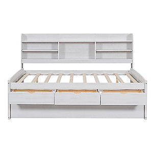 Harper & Bright Designs Full Size Daybed with Trundle and 3 Storage Drawers, Full Captains Bed with Built-in Bookshelves for Girls Boys,Wooden Daybed with Trundle Bed Twin,White Wash