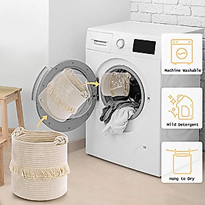 Woven Cotton Rope Farmhouse Storage Basket - 3 Pack 11 Inches Round Cube Decorative Organizer Bins with Cute Handles for Dog Toy, Clothes - Baby Girls Boys Nursery Decor