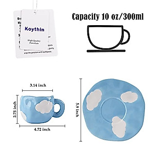 Koythin Ceramic Coffee Mug with Saucer Set, Cute Creative Cup Unique Irregular Design for Office and Home, Dishwasher and Microwave Safe, 10oz/300ml for Latte Tea Milk (Blue Sky and White Clouds)