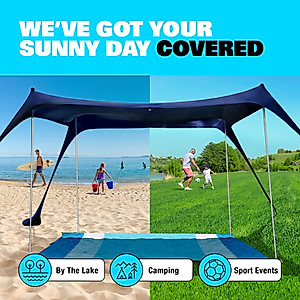 SUN NINJA Beach Tent Sun Shelter with UPF50+ Protection, Includes Sand Shovel, Ground Pegs and Stability Poles, Outdoor Pop Up Beach Shade Canopy for Camping, Fishing, Backyard Fun or Picnics