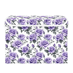 senya Flower Baskets Collapsible Storage Bins with Lids, Romantic Purple Roses Storage Boxes Clothes Baskets for Organizing, B06D22020