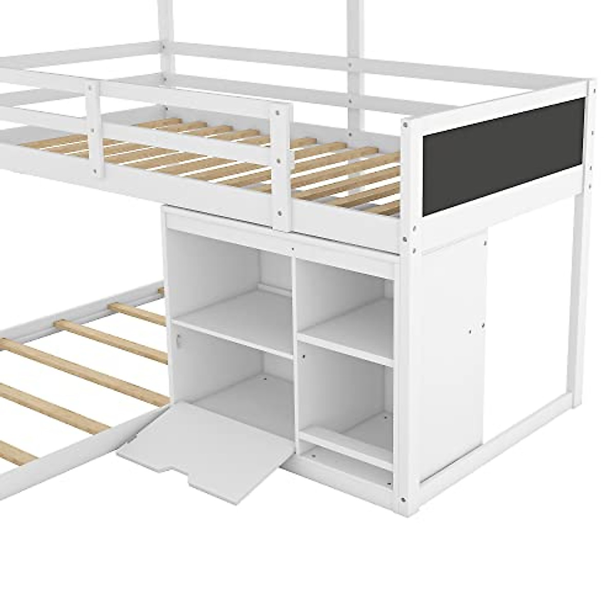 WOXYX L-Shaped Wood Triple Twin Size Bunk Bed with Storage Cabinet and Blackboard, Ladder,White
