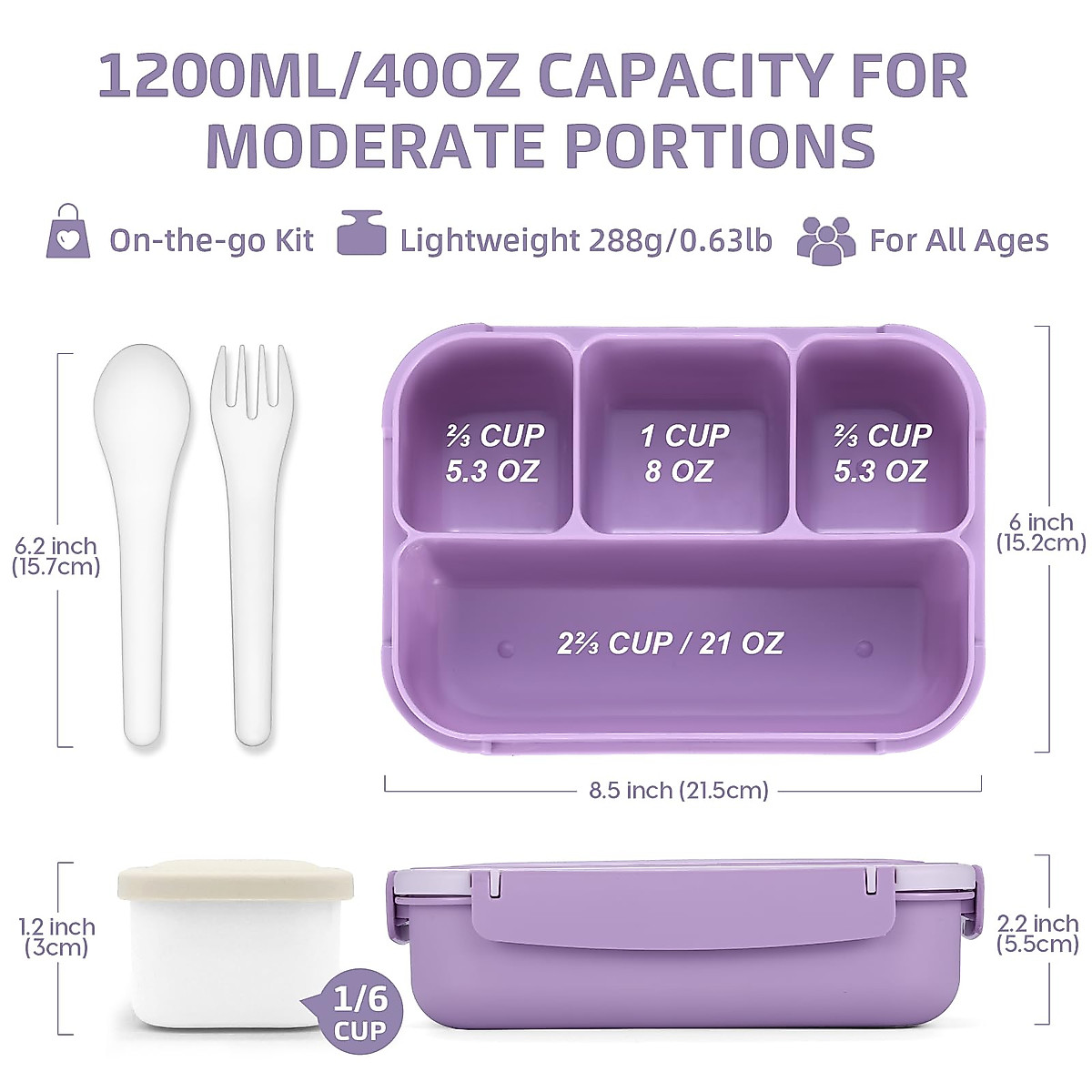 Sunhanny Bento Lunch Box for Adults, Kids Girls Boys Lunch Box, Lunch Containers for Adults Women with 4 Compartments, Sauce Container, Fork and Spoon, Muffin Cups, Purple