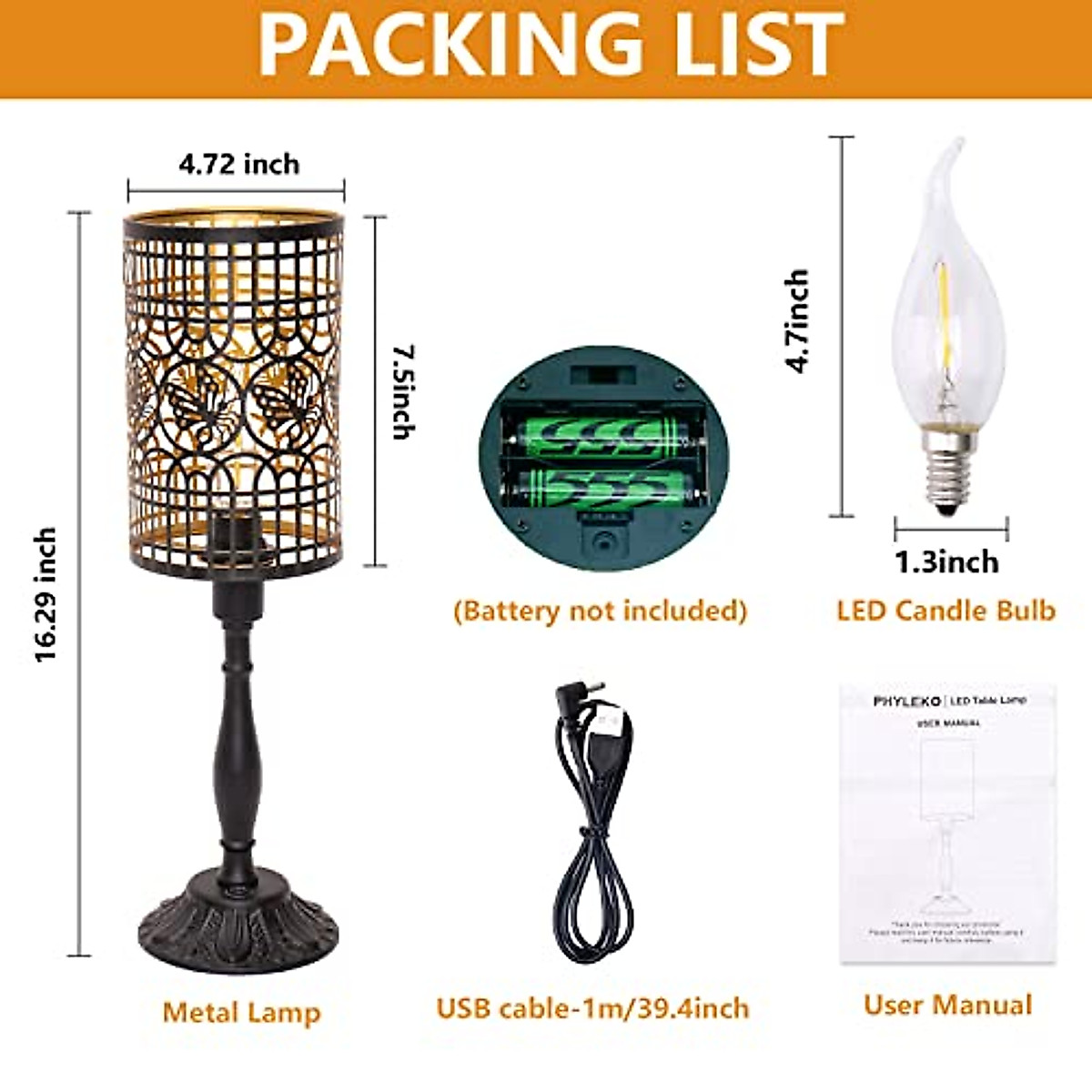 PHYLEKO Table Lamp, Bedside Lamps Battery Operated Lamp with LED Bulb for Home Decor, Small Table Lamp Cordless Lamp with Butterfly Pattern Night Light for Bathroom,Livingroom,Windowsill,Shelf