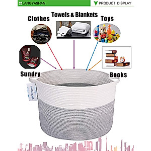 LANGYASHAN 21.65" x 13.78" XXXLarge Woven Rope Basket Decorative Blanket Basket for Living Room Toys Sofa Throws Storage Towels or Nursery Round Laundry Hamper Basket with Handles Laundry Basket(Gray)