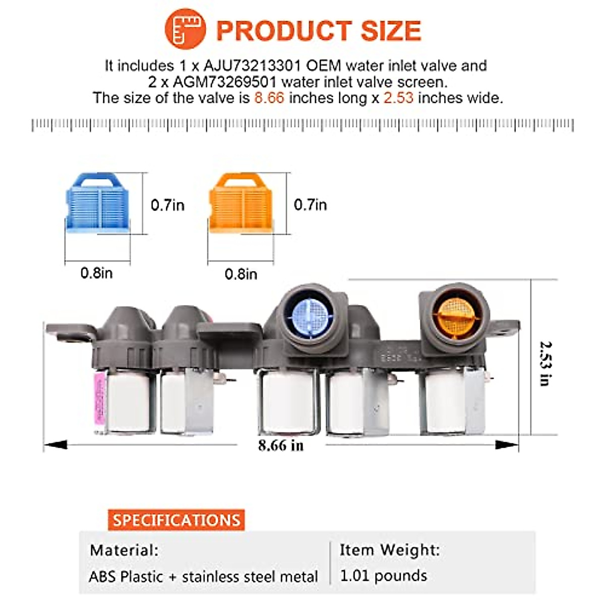 AJU73213301 Washer Water Inlet Valve (OEM part)with 10-year Warranty 2023 UPGRADED GENUNINE water valve replaces for Kenmore LG washing machines wt7200cw, wt5001c*, 79631522211, wt4801cw,wt1201cw,etc.
