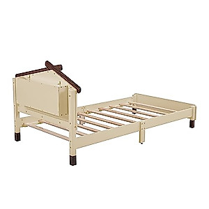 Harper & Bright Designs Twin Bed Frames with House-Shaped Headboard, Wooden Kids Twin Platform Bed Frame with Motion Activated Night Lights, Cute Single Twin Bed for Girls Boys, Cream+Walnut