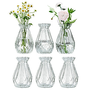 MyGift Small Glass Bud Vase, 5 Inch Decorative Flower Vases, Mini Vintage Style Centerpiece Vases with Diamond Faceted Design, Set of 6
