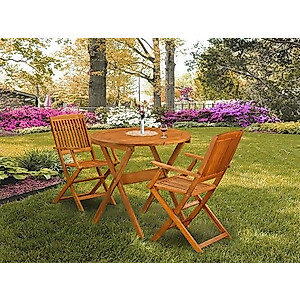 East West Furniture MNCM3CANA Marion 3 Piece Patio Bistro Outdoor Set Contains a Round Acacia Wood Coffee Table and 2 Folding Arm Chairs, 30x30 Inch, Natural Oil