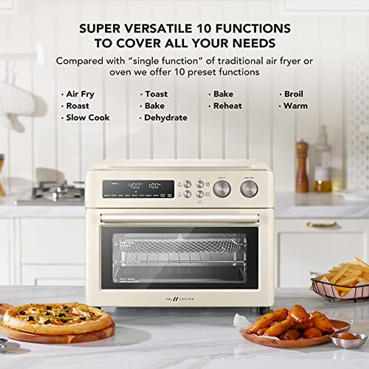 VAL CUCINA Retro Style Infrared Ultra-Quick Air Fryer Toaster Oven, Multifunctional 10-in-1 XL Countertop Convection Oven, 6-Slice Toast, 12-Inch Pizza, Enamel Baking Pan for Easy Cleaning, with Bake, Toast, Roast, Broil, Pizza, Reheat, Slow Cook, Dehydra