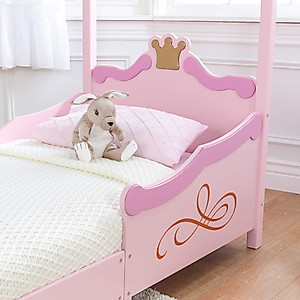 KidKraft Wooden Princess Toddler Four-Poster Bed with Crown Accents, Children's Furniture - Pink, Gift for Ages 15 mo+