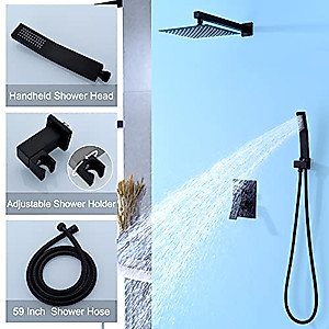 HANEBATH Matte Black Shower Faucet Set Complete with 10 Inch Rainfall Shower Head, Wall Mounted Shower Fixtures with Valve and Trim Kit