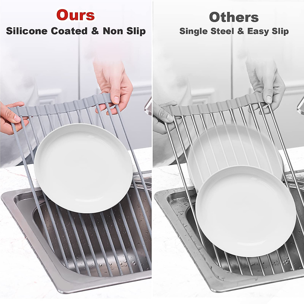 MERRYBOX Roll Up Dish Drying Rack, Over The Sink Dish Rack Foldable, Heat-Resistant, Anti-Slip Silicone Coated Steel Dish Drainer for Kitchen Counter, Multipurpose Roll Up Sink Drying Rack, 17" x 13"