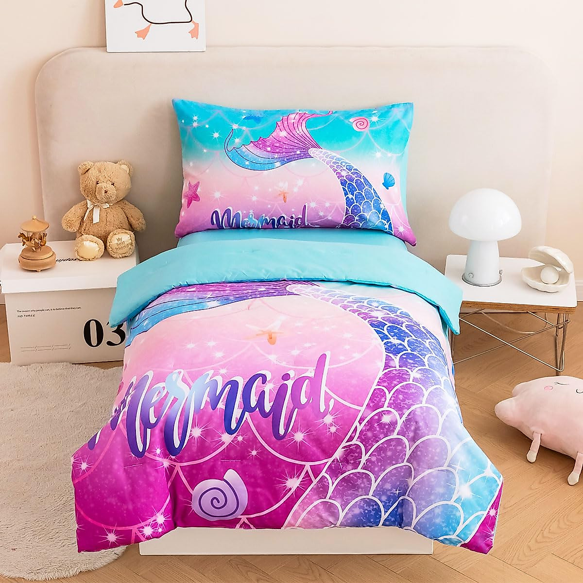 ZRNBAST Toddler Bedding Sets for Girls 4 Pcs Mermaid Tail Toddler Comforter Set Pink Turquoise Gradient Rainbow Colorful Toddler Bedding for Girl Bed, Pink Blue Fish Scale