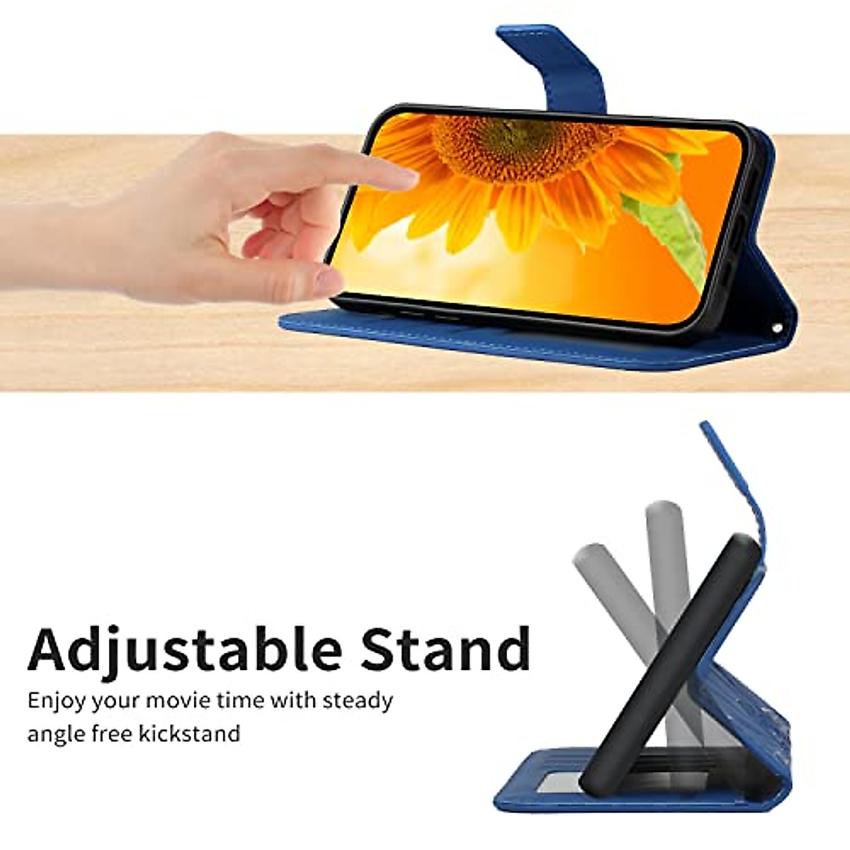 ONV Wallet Case for Oppo Reno 6 Pro 5G - with 1.5M Strap Sunflower Flip Leather Case Embossment Card Slot Shockproof Kickstand Magnetic Cover for Oppo Reno 6 Pro 5G [HT] -Blue-T