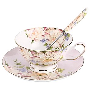 JinGlory Pink Tea Cup,Floral Tea Cup and Saucer Set,Bone China Tea Set,Coffee Cup,Tea Set for Adults/Friends/Women/Men,7OZ