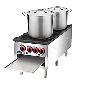 18 Inches 2 Stock Pot Stove - KITMA Liquid Propane Stock Pot Range with 4 Manual Controls for Restaurant(Short Body) - 160,000 BTU