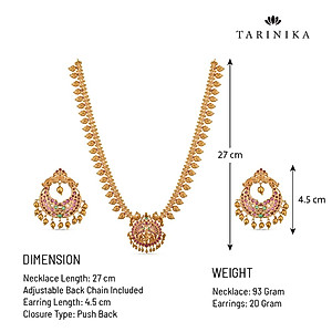 TARINIKA Antique Gold Plated Gita Long Necklace Set with Peacock Design - Indian Jewelry Sets for Women | Perfect for Ethnic Occasions | Traditional South Indian Necklace | 1 Year Warranty*