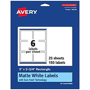 Avery Matte White Rectangle Labels with Sure Feed, 3" x 3.75", 150 Matte White Printable Labels