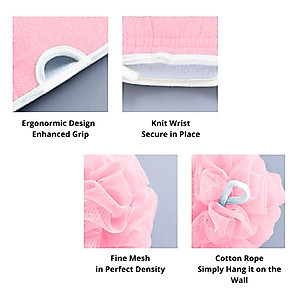 Exfoliating Body Scrubber Shower Set - 3PCs, Back Scrubber, Sponge Pad & Loofah Mesh Bath Pouf, for Men Women Shower Bath, Sensitive, Delicate, Dry Skin. Reusable. (Pink)