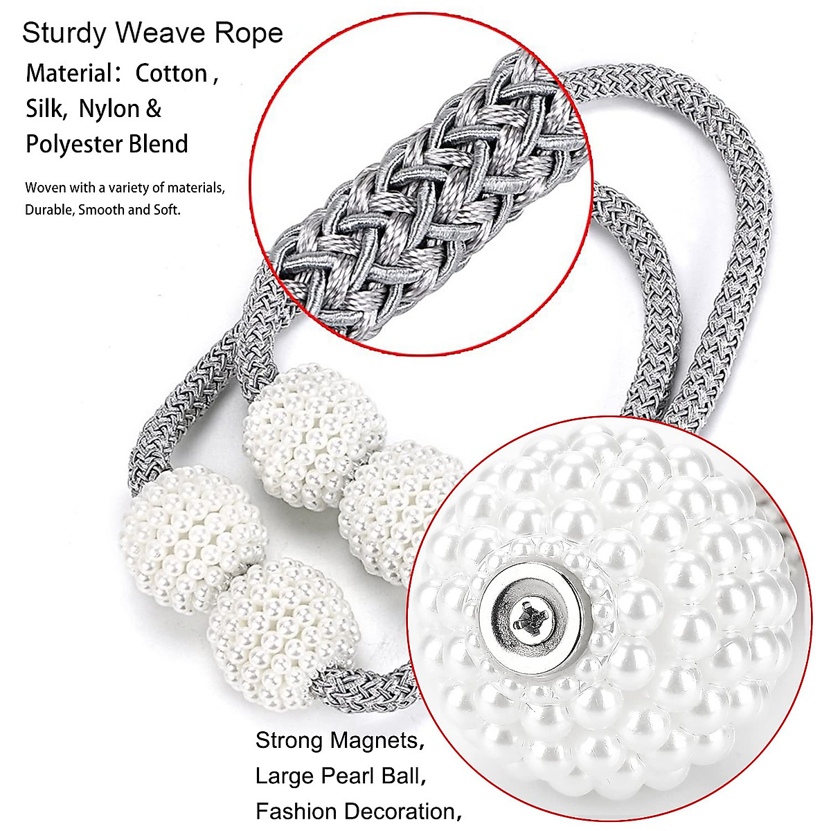 Pinowu Magnetic Curtain Tiebacks Convenient Drape Tie Backs (4pcs), Pearl Decorative Holdback Rope Holder for Small, Thin or Sheer Window Draperies (Gray)