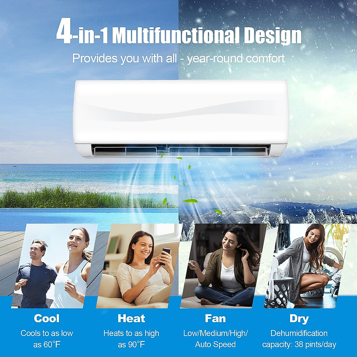 RELAX4LIFE Mini Split Ac/Heating System, 9000 BTU Ductless Mini Split Air Conditioner w/Heat Pump, Remote Control, Cools Up to 450 Sq.Ft, Installation Kit, 17 SEER2 208-230V Inverter Split AC Unit