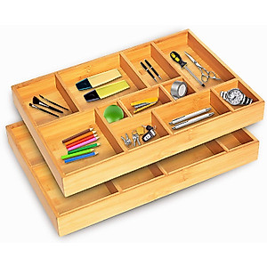 Bamboo Drawer Organizer Desk Cabinet Utensil Junk Holder Tray for Home Essentials Office Items With Adjustable Compartment Trays Wooden Flatware Storage Accessories 2 Pack…