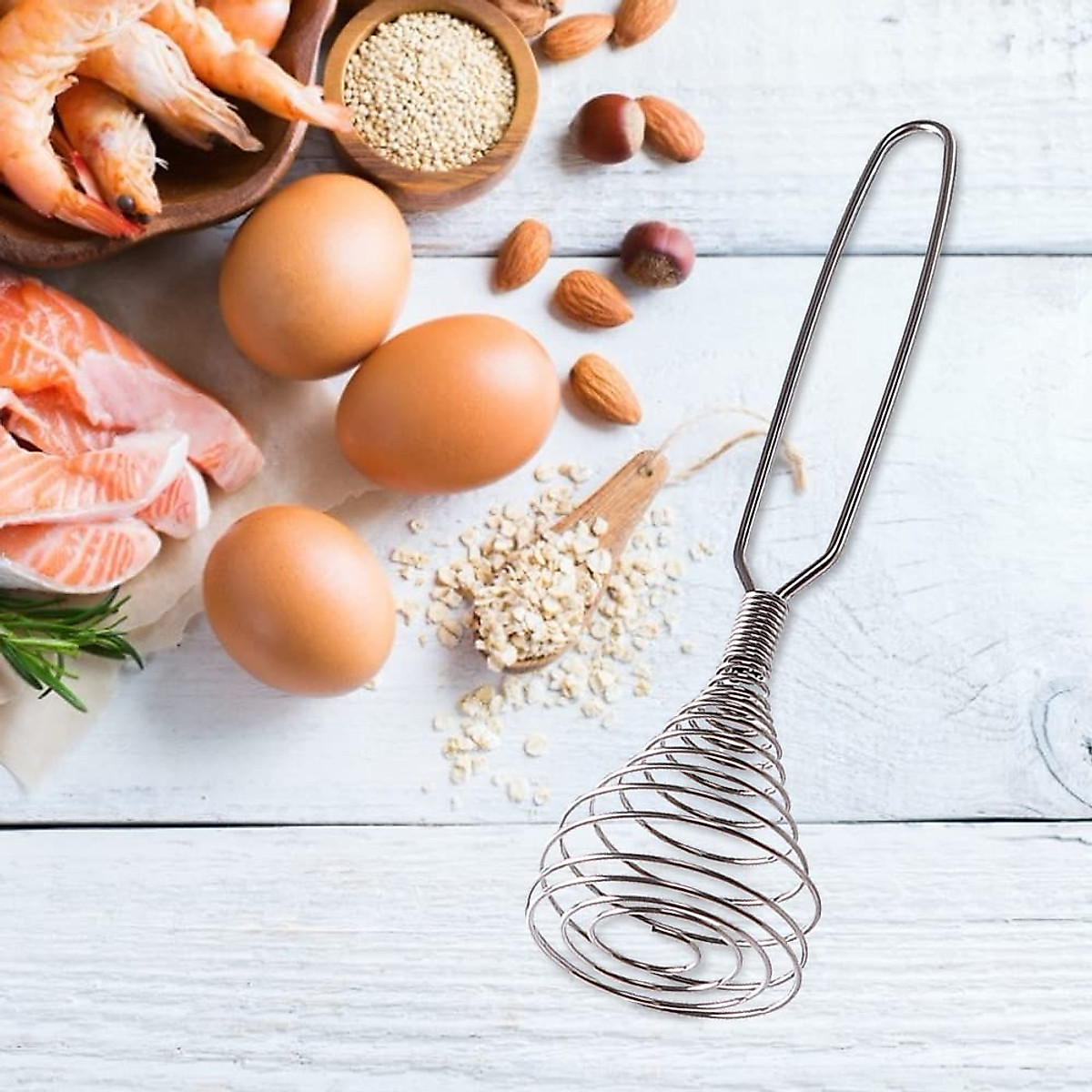 Coil Whisk Eggs, 8 Inch Egg Beater, Stainless Steel Wire Whisk, Egg Whisker with Rotating Spring, Flexible Egg Beater, Hand Eggbeater for Cooking Whipping Mixing Blender Kitchen Cream Egg