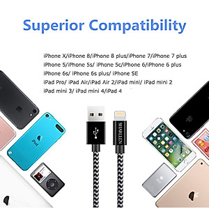 Sharllen 5 Pack 6 Feet MFi Certified Lightning Cable, Fast USB iPhone Charging Cable, Compatible with iPhone 12/11Pro/XS/Max/X/8/8P/7P/6/6P/iPad, Nylon Braided Data Wire, Black