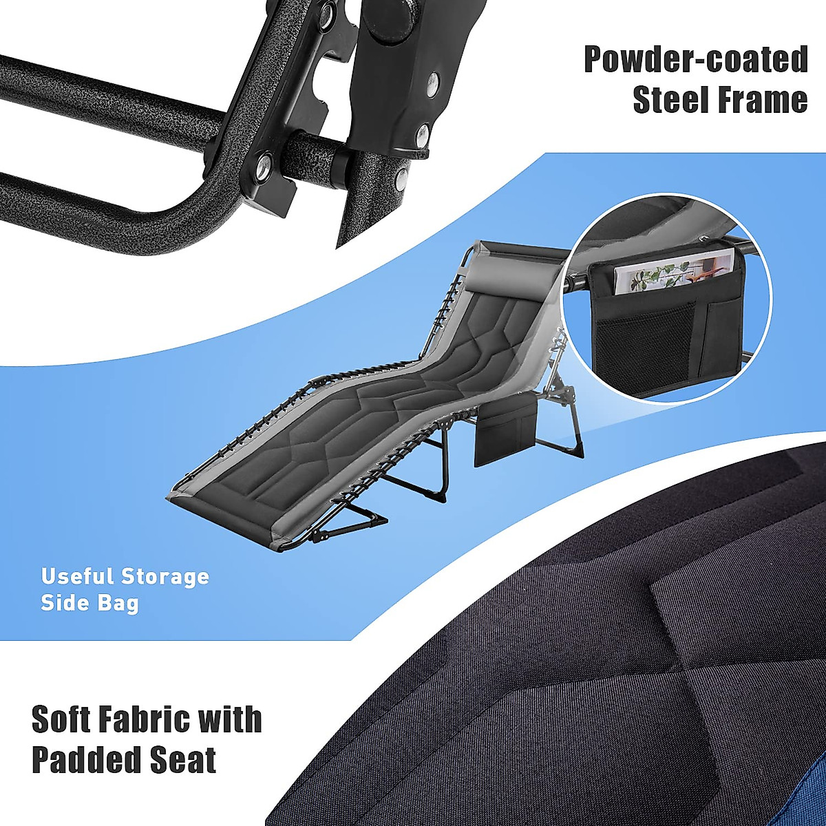 Flamaker Folding Chaise Lounge Outdoor Portable Lounge Chairs 4-Position Adjustable Camping Lounge Chair with Pillow & Side Bag Lightweight Recliner Sunbathing Chair for Pool Beach Deck (Grey)