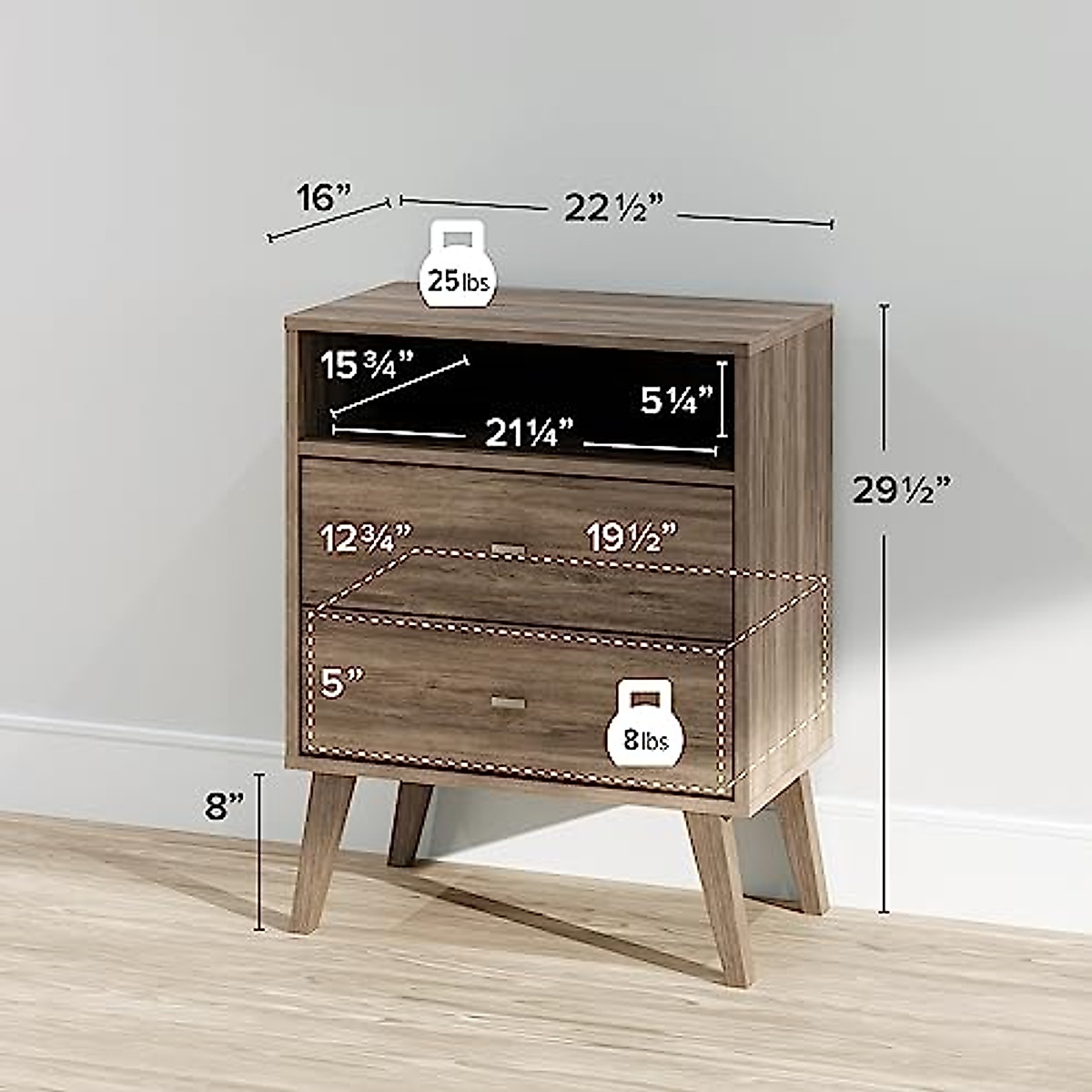 Prepac Milo 2-drawer Tall Nightstand with Open Shelf, Drifted Gray