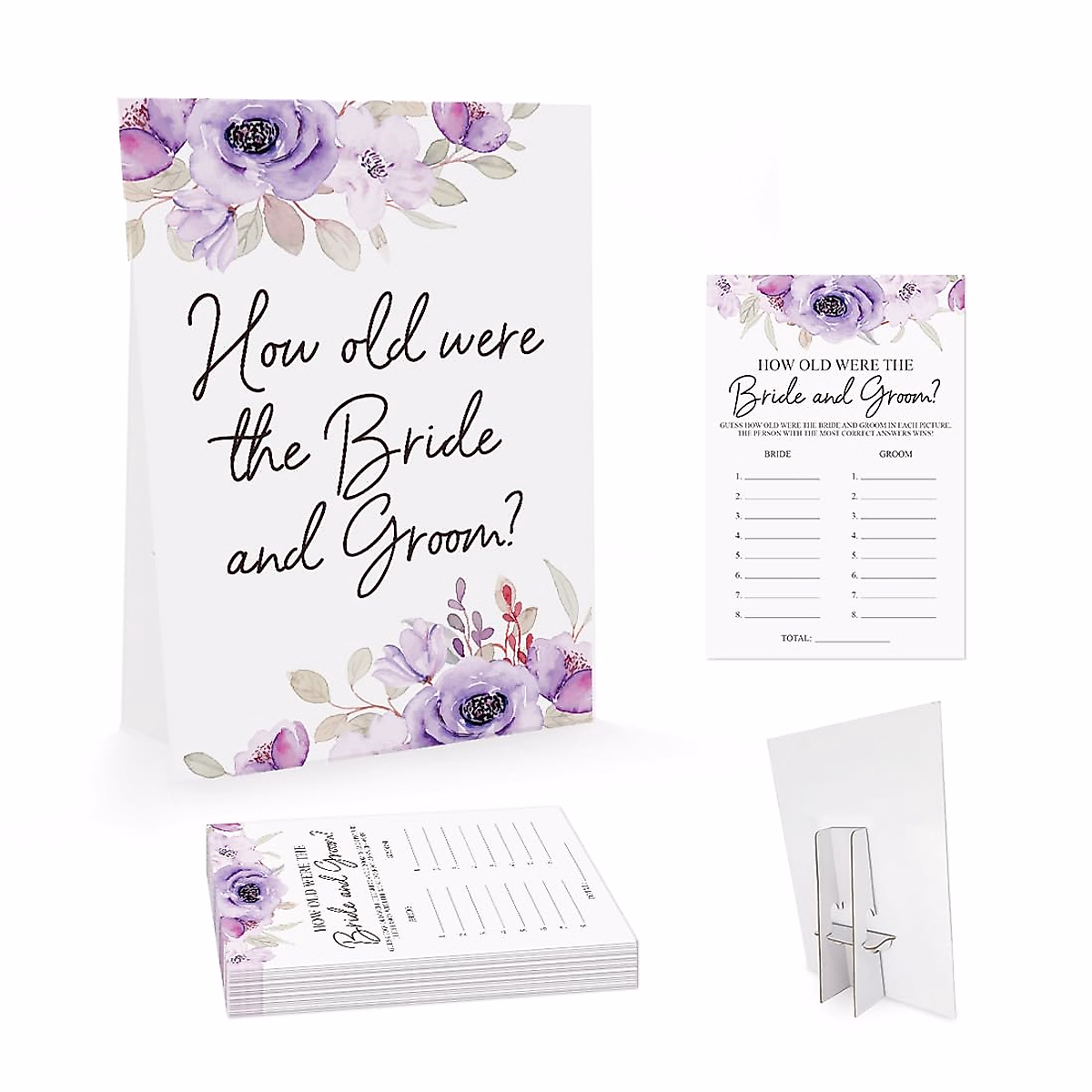 UHADRE Floral How Old were The Bride and Groom Game, Guess The Age Photo Game, Purple Bridal Shower Wedding Shower Game (1 Sign and 30 Cards)-BNG30