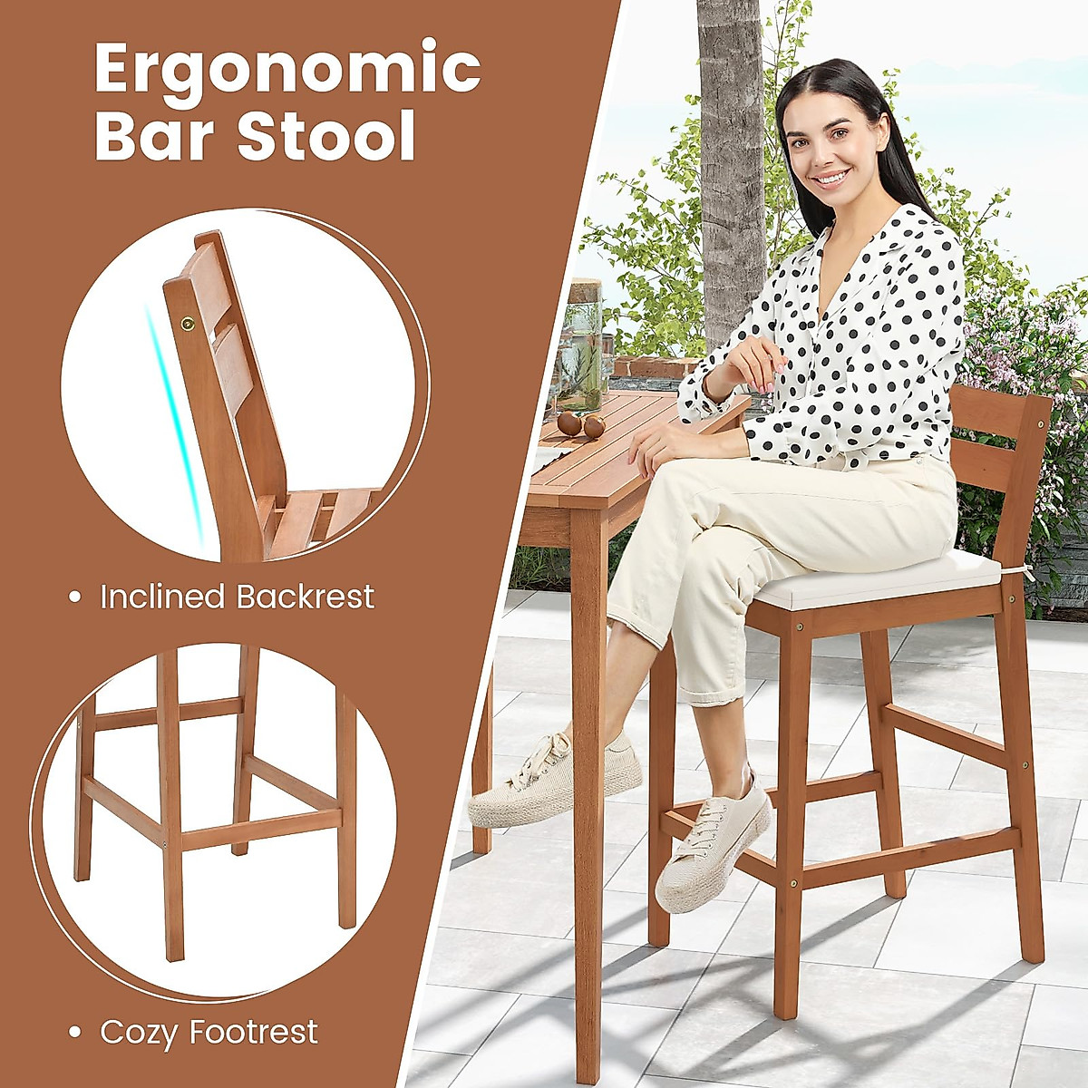 Tangkula Patio Eucalyptus Wood Bar Stools Set of 2, Outdoor Bar Height Patio Chairs with Cushions, Outdoor Barstools for Backyard, Garden, Balcony, 400 lbs Capacity (1, Off White)