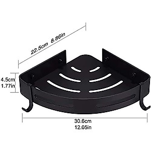 FHGH 2 Pack Bathroom Corner Shelves, Shower Shelf Corner Shelf No Drilling Shower Basket Caddy Shower Organiser Storage Corner Adhesive Aluminum Wall Mounted with Hooks,Black