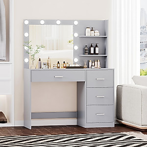 Rovaurx Makeup Vanity Table with Lighted Mirror, Makeup Vanity Desk with Storage Shelf and 4 Drawers, Bedroom Dressing Table, 10 LED Lights, Gray