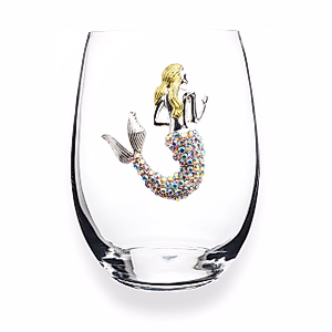 THE QUEENS' JEWELS Aurora Borealis Mermaid Jeweled Stemless Wine Glass, 21 oz. - Unique Gift for Women, Birthday, Cute, Fun, Not Painted, Decorated, Bling, Bedazzled, Rhinestone