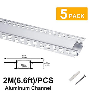 hunhun 5-Pack 6.6ft/2Meter Plaster-in, trimless recessed LED Aluminum Channel with Flange for LED Strip, led Channel with Clip-in Diffuser and,for Wider Strip Such as Philips Hue (5pack *6.6ft)