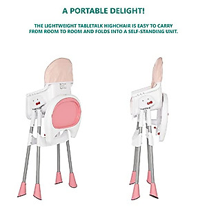 Dream On Me Portable 2-in-1 Tabletalk High Chair, Convertible Compact Light Weight Highchair, Pink