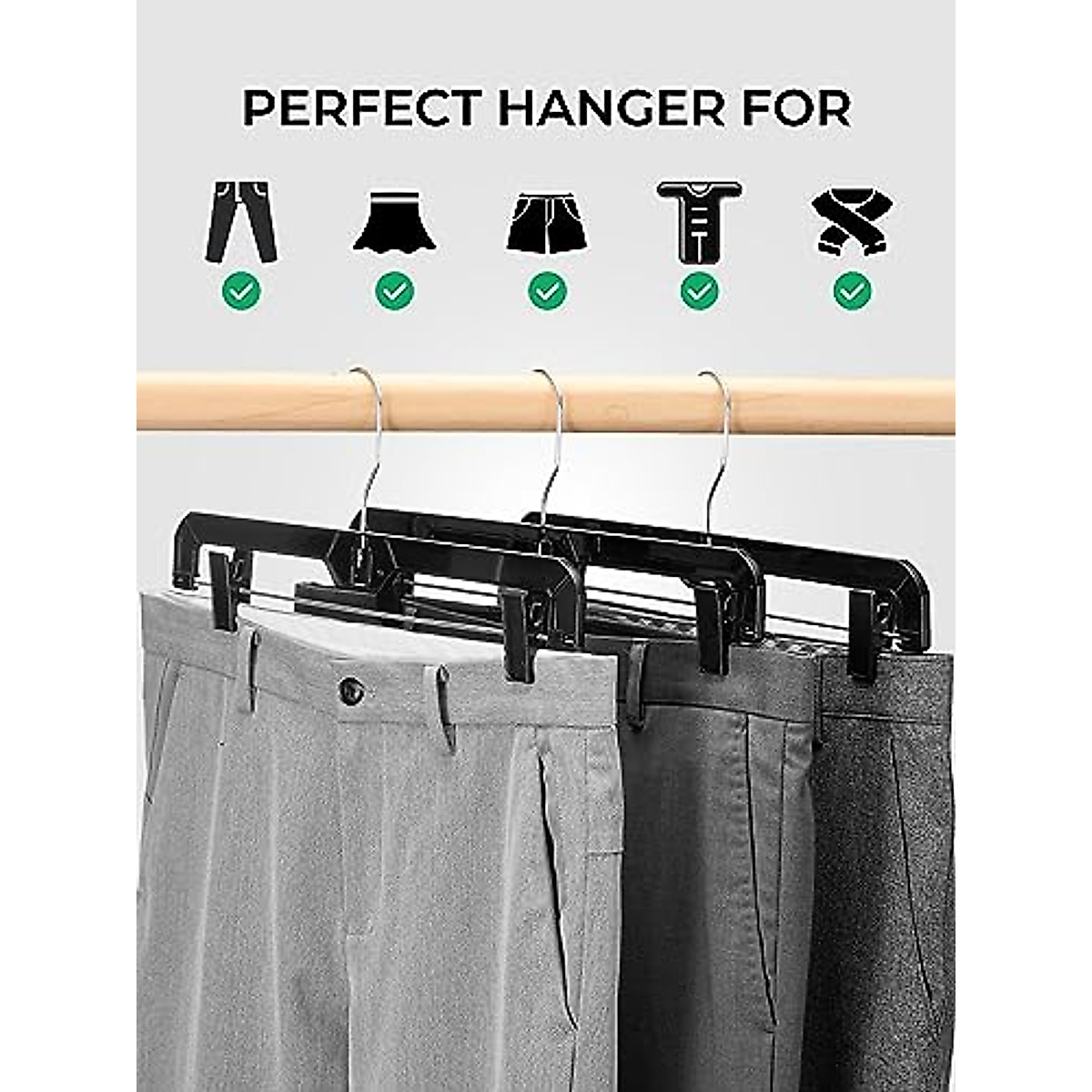 SMARTOR Pant Hangers & Skirt Hangers - Clips Hangers for Shorts, Shirts, Jeans, Dresses, Slacks, Coats, Clothes - Durable, Black Pant Hangers, Plastic Pant Hangers with Clips, Space Saving - 10 Pack