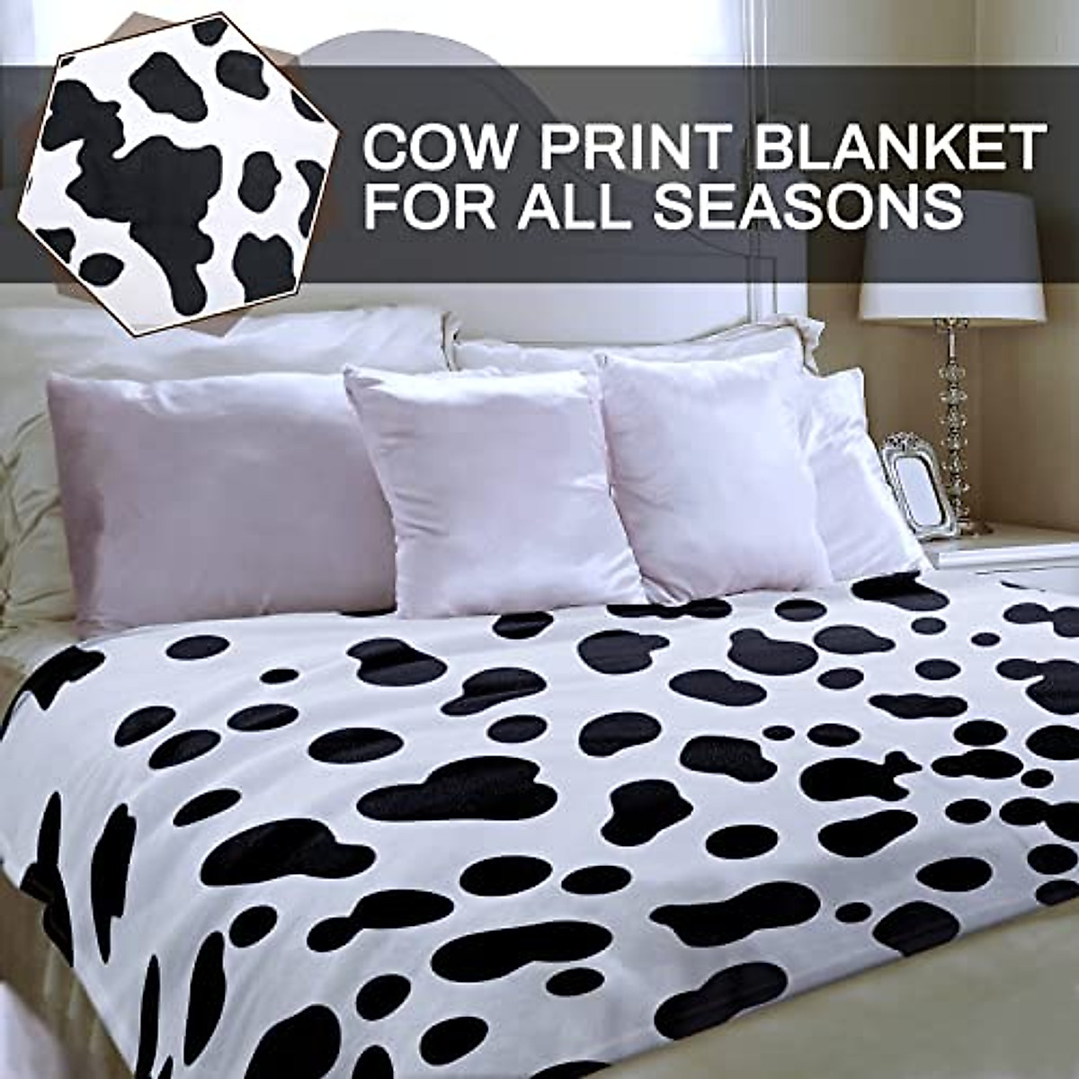 Cow Print Blanket Throws Flannel Fleece Soft Cozy Throw Blanket Fuzzy Warm Black White Cow Printed Blankets & Throws for Bedroom Living Room Sofa Couch 50"x60"
