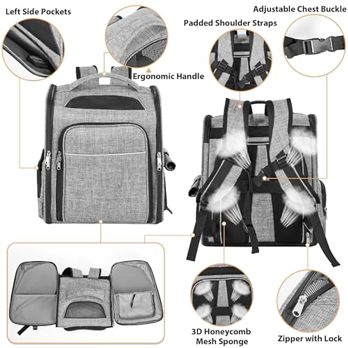 Cat Backpack Carrier, WHDPETS 2 Sides Expandable Pet Backpack for Cats Dogs fit Up to 20 lbs, Breathable Cat Carrier with Inner Safety Leash, Grey