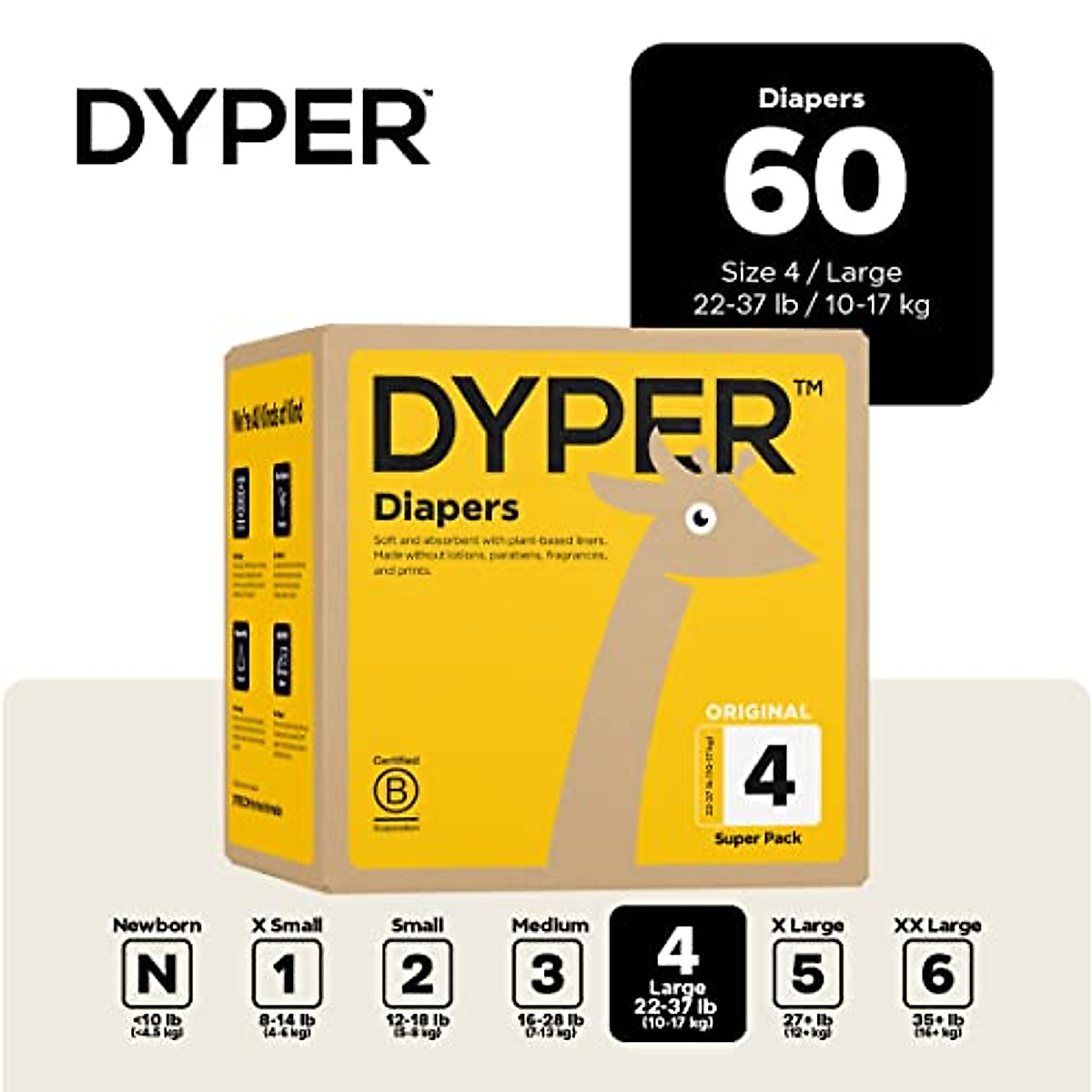 DYPER Viscose from Bamboo Baby Diapers Size 4 | Honest Ingredients | Cloth Alternative | Day & Overnight | Made with Plant-Based* Materials | Hypoallergenic for Sensitive Skin, Unscented