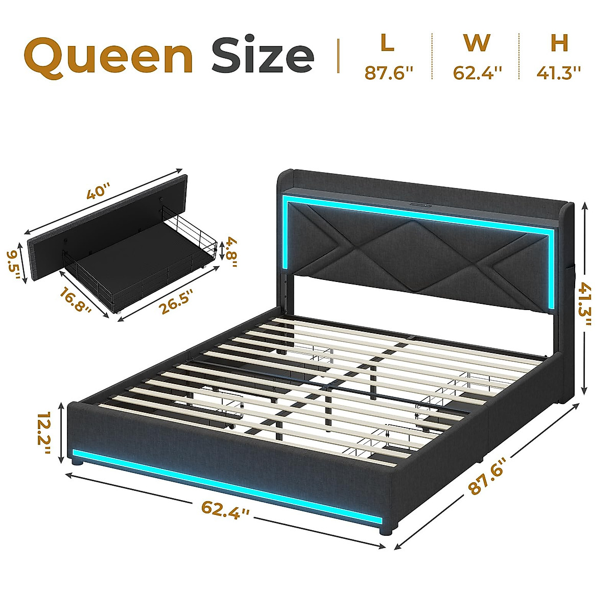 HAUOMS Queen Bed Frame with Stoarge Drawers and LED Lights, Upholstered Platform Bed with Type-C & USB Charging Station, LED Bed Frame Queen with Storage Headboard, No Box Spring Needed, Dark Grey