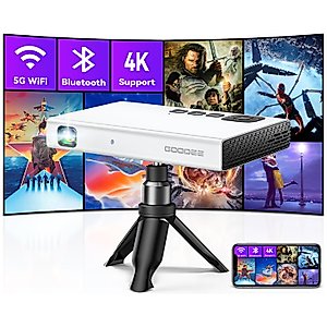 Mini Projector 4K, GooDee 1080P Support Pocket DLP Projector with WiFi and Bluetooth, Pico Portable Outdoor Movie Projector with Tripod&Bag, Video Rechargeable Battery Short Throw for iPhone/Android