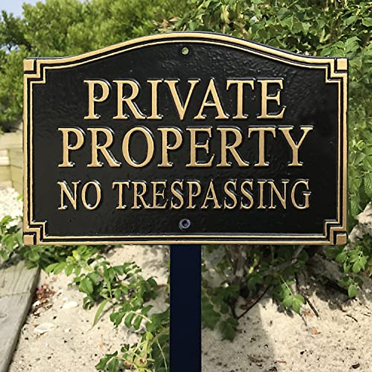 SmartSign “Private Property, No Trespassing” GardenBoss Statement Plaque | 5.75" x 9.5" Aluminum Plaque with 18" Black Lawn Stake