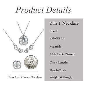 VANGETIMI 2 in 1 Four Leaf Clover Charm Lucky Necklace Heart Crystal Pendant Necklace Silver Link Mother's Day Gifts Jewelry for Women