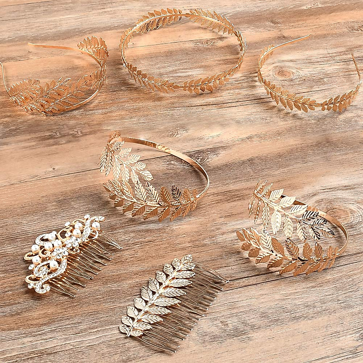 OFNMY 7 Pieces Greek Roman Laurel Leaf Bracelet Armband Golden Laurel Leaves Crown Tiara Costume Accessories Womens Leaf Headband Coil Bracelet Hair Comb Bridal Wedding