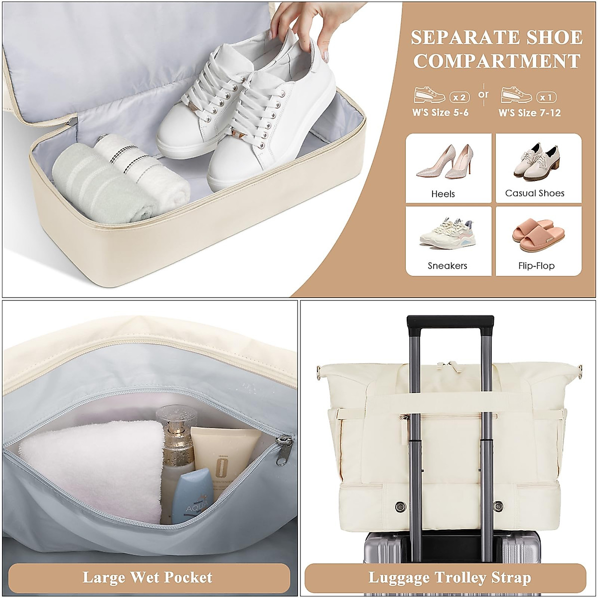 Gym Bag for Women, Sports Travel Duffel Bag with USB Charging Port, Weekender Overnight Bag with Wet Pocket and Shoes Compartment for Women Girls Travel, Gym, Yoga, School (Off White)