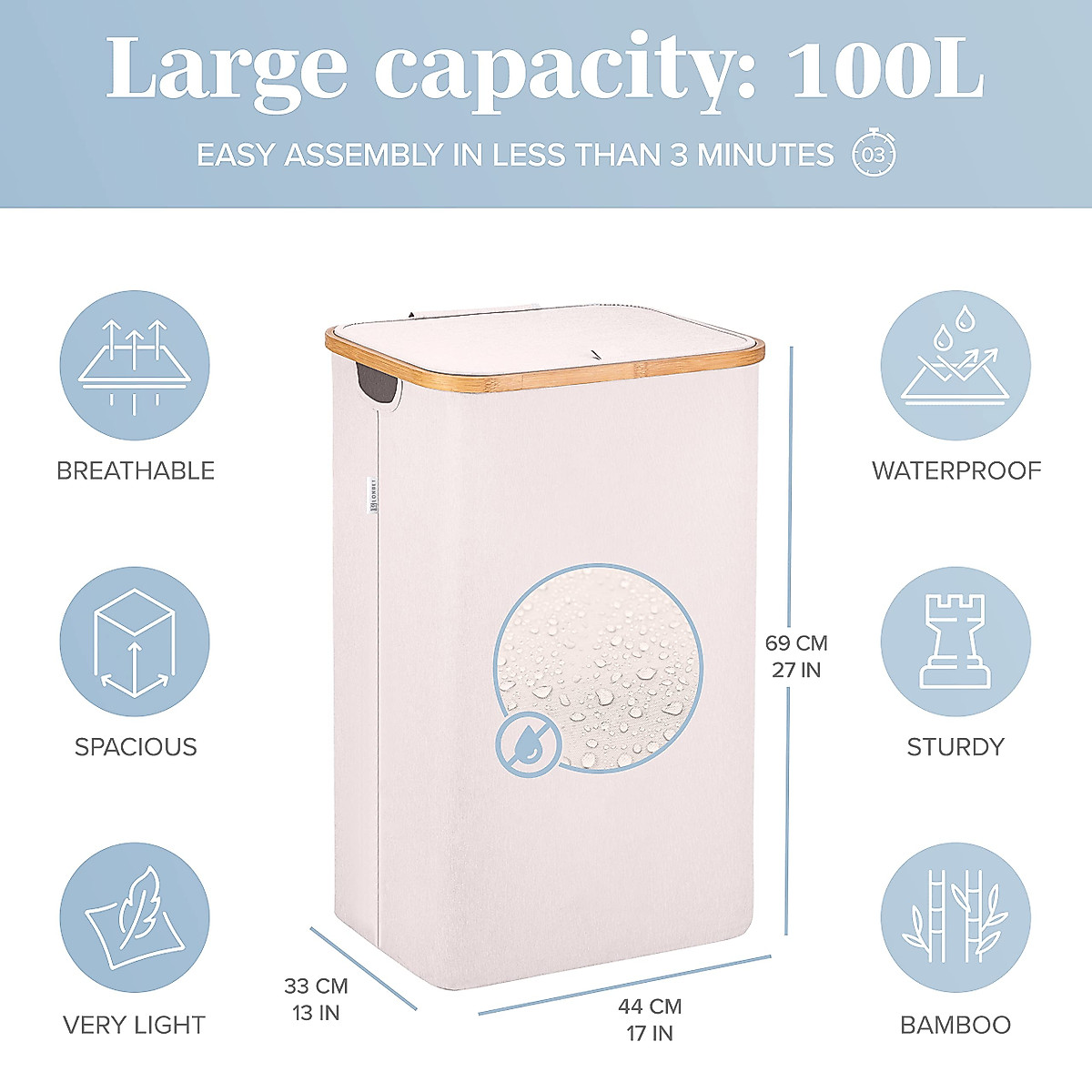 Lonbet - Laundry Hamper with Lid Cover - Sturdy Tall Bamboo Laundry Basket Clothes Organizer - Aesthetic Bedroom Fabric Bin - Big Bathroom Dirty Clothes Hamper - Removable Bag - XL 100 Liters - Beige