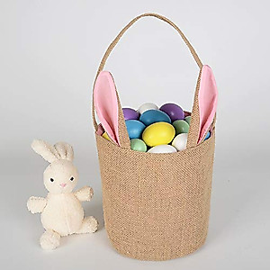 KEFAN 3 Pack Easter Bunny Baskets Jute Burlap Easter Bags with Ears Stand Up 8 x 8 x 9 Inch